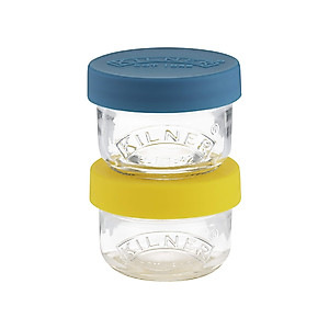 Kilner 0.125L Set of 2 Glass Store Pots 125ml with Push Top Silicone Lids | Perfect for Snacks & Food Storage, Clear, Blue and Yellow