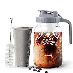 Slow Slog Cold Brew Coffee Maker, 32oz Cold Brew Mason Jar Pitcher with Lid, Iced Coffee Maker, Cold Brew Pitcher with Stainless Steel Filter for Iced Tea, Sun Tea, Leak Proof