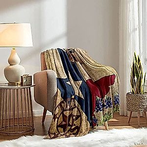 LUVIVIHOME Western Throw Blanket, Texas Flag Cattle Bull Bluebonnet Ranch Wild West Rodeo Cowboy Blanket, Cozy Soft Lightweight Fluffy Fuzzy Warm Plush Flannel Fleece Blanket for Couch, Sofa, 40"x50"