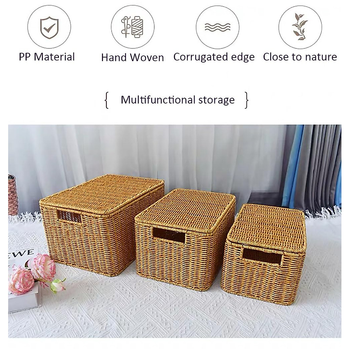 RT&BS Set of 3 Wicker Storage Basket with Lid, Handwoven Storage Basket Box - Organizer for Toys Books Fruits Stationery