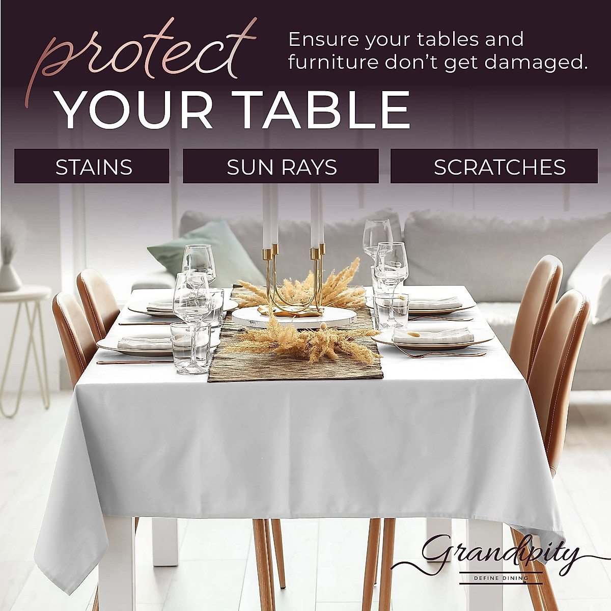 Grandipity Rectangle Tablecloth (White Tablecloths 60" x 102") - Polyester Tablecloth - Stain & Wrinkle Resistant Washable Polyester Tablecloths Decorative Cloth Table Cover (1 Pack)