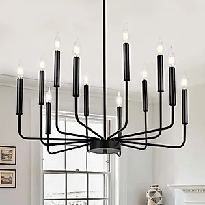 WOKNOS Modern Black Farmhouse Chandeliers, 12-Light Industrial Metal Chandelier Lighting, Classic Candle Hanging Pendant Light Fixtures for Living Room, Dining Room, Kitchen, Bedroom, Entryway-UL