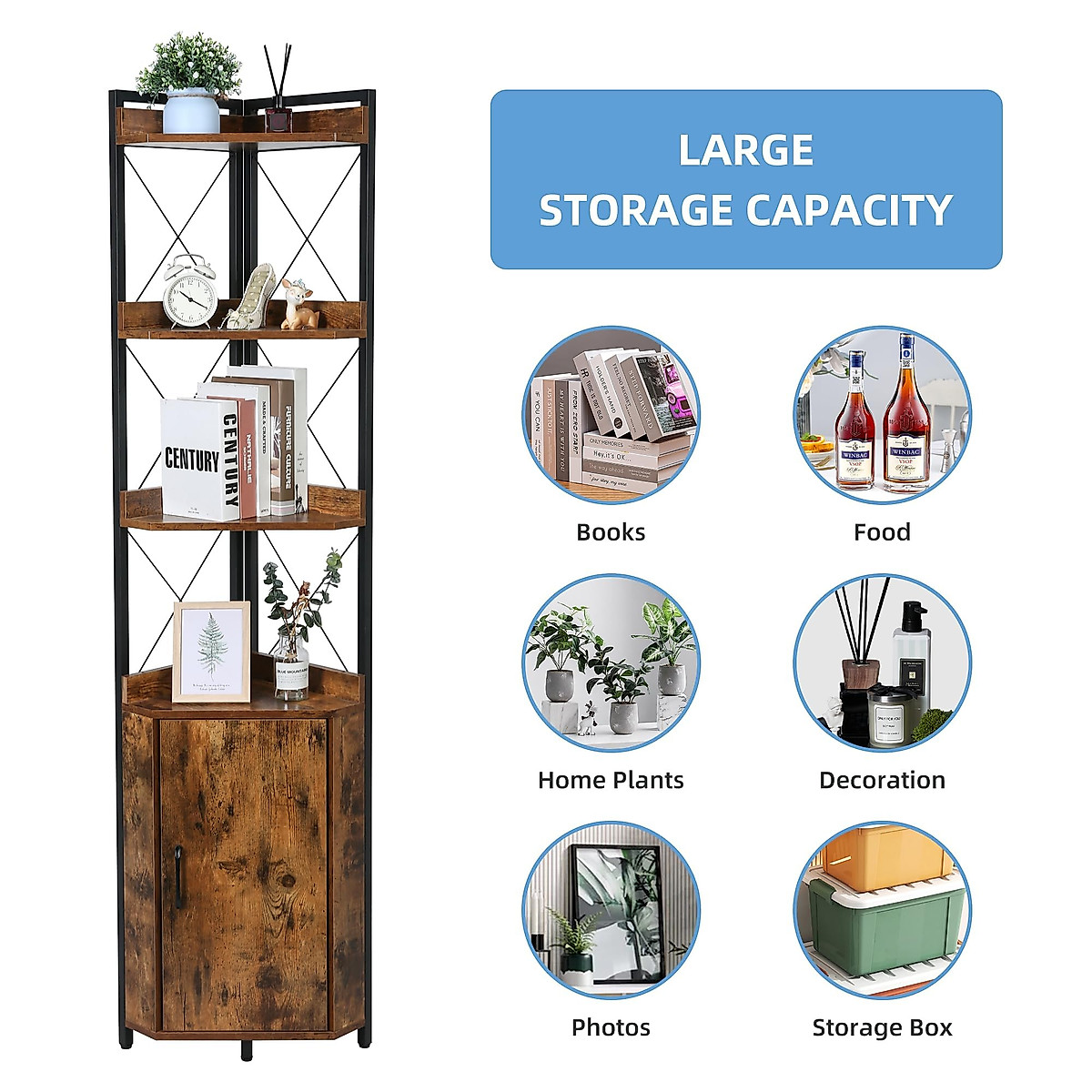 DRDINGRUI Tall Corner Shelf Cabinet, Corner Storage Cabinets,70.9'' Height 5-Tier Bookshelf Stand,Corner Plant Stand, Rustic Style Rack for Home,Kitchen,Living Room Storage