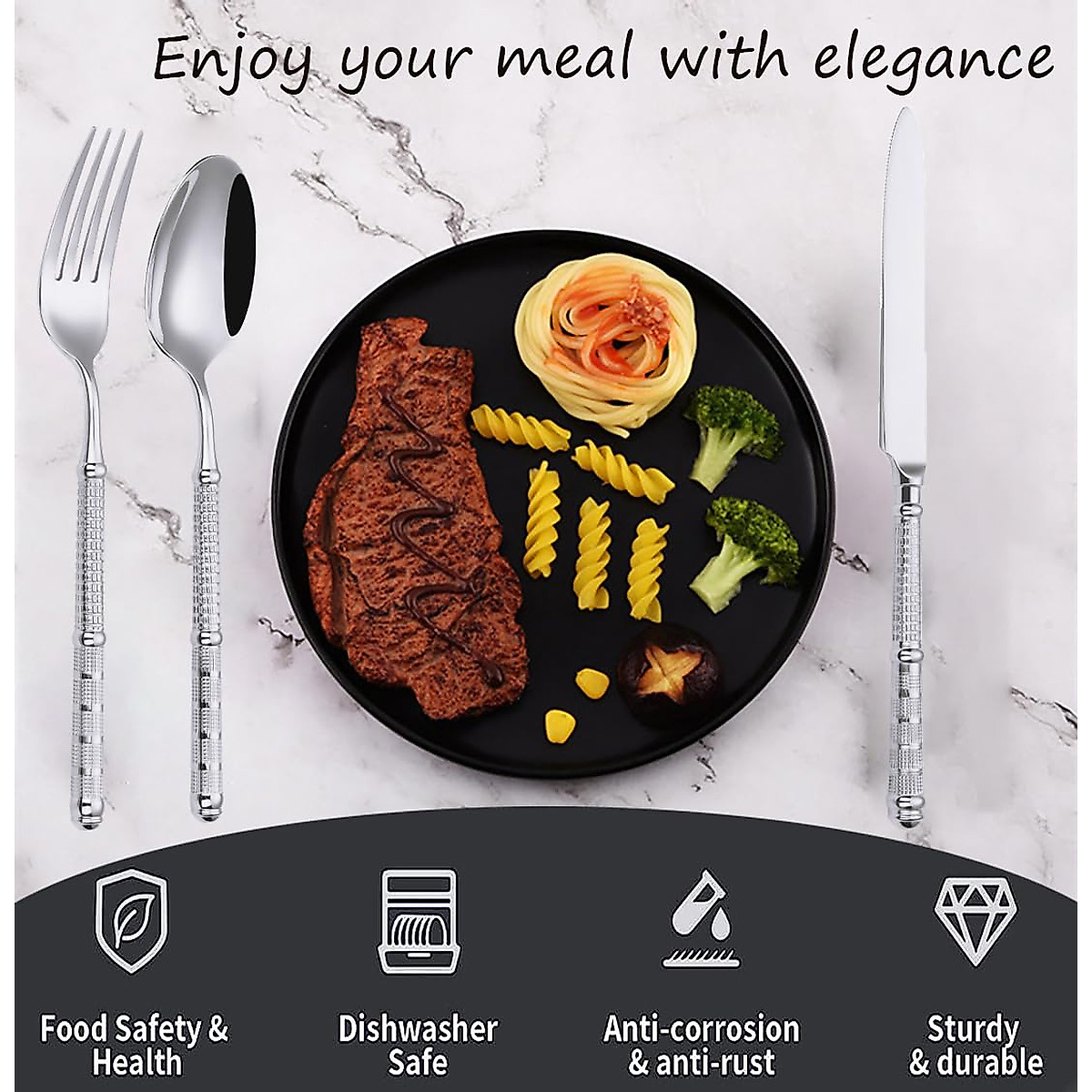 Thomaso 20-piece Round Handle Silverware Set,1810 Stainless Steel Hammered Flatware Set for 4,Silver Spoons and Forks Set,Unique Round Handle Cutlery Set,Wedding Housewarming Gift, Dishwasher Safe