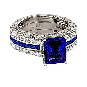 Jeulia 5.2 Carat 3PC Wedding Ring Set Radiant Cut CZ Diamond Engagement Rings Promise Anniversary Rings with Side Stones Romantic Jewelry Gift for her (Sapphire Blue, 9)