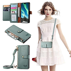 ONV Flip Case for Samsung Galaxy M53 5G - Adjustable Crossbody Lanyard Zipper Cash Pocket Wallet Leather Case Card Holder Stand Metal Close Cover for Samsung Galaxy M53 5G [AX]-Green