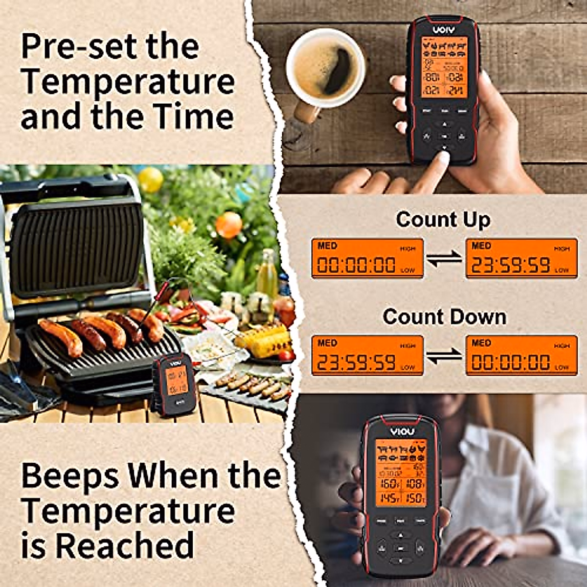 YIOU Wireless Meat Thermometer for Cooking, Digital Meat Thermometer with 4 Probes, 500FT Ultra Accurate & Fast Food Thermometer for Oven, Smoker, Red