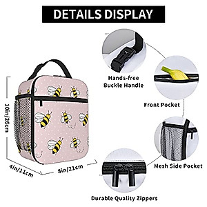 BQIUULO Cute Bees on Pink Lunch Bag for Men Women Tote Insulated Cooler Bags Reusable Lunch Box for College Work Office Picnic