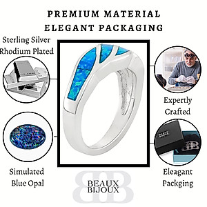 Beaux Bijoux Sterling Silver Created Opal Ring for Women | Simulated Blue Opal Gemstone Band Ring | Fine Stackable Silver Band Ring Band