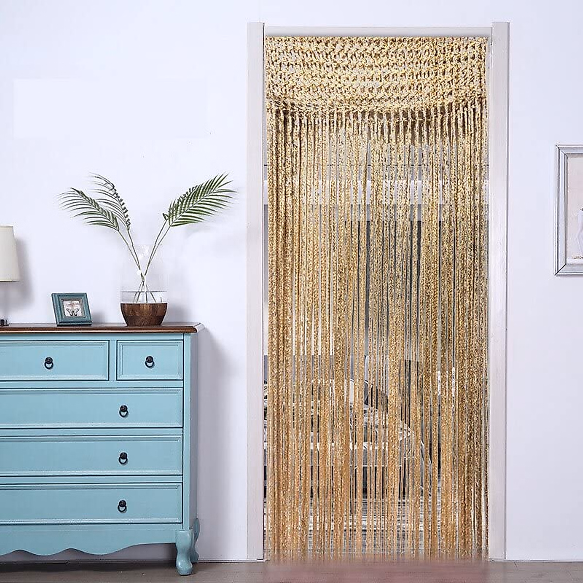 DLD String Curtains Beaded Door Curtain,Curtains Panel Divider Window Door Fly Screen for Door Wall and Window Decoration,200cm x 100 cm(200cm*100 cm,Golden)