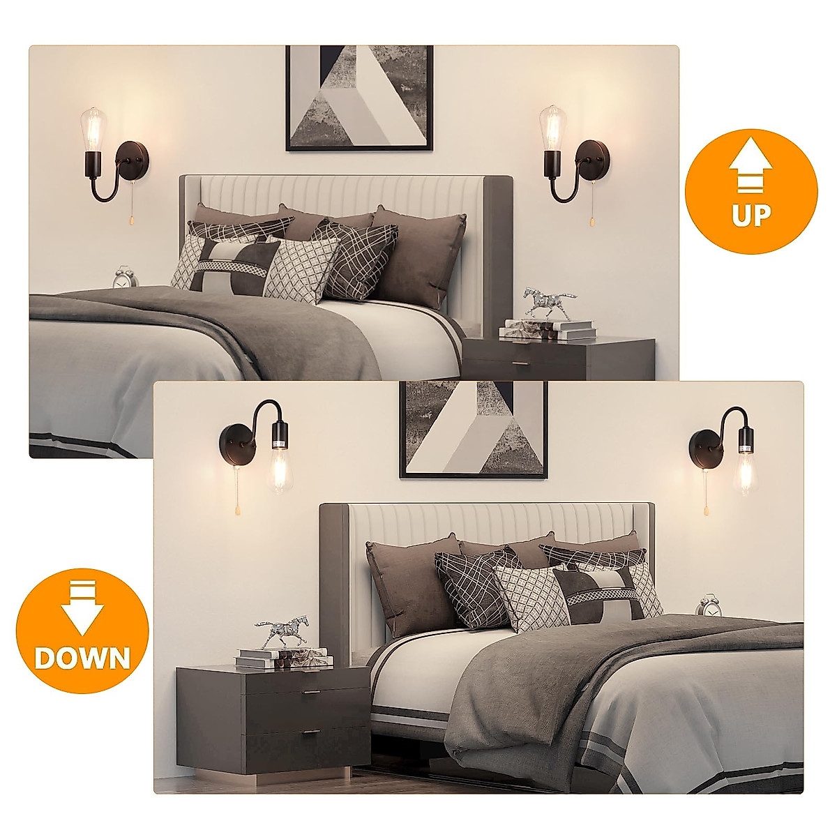 Spiglamm Black Wall Sconces with On/Off Switch,Industrial Metal Wall Lamps for Bedrooms Set of 2, Pull Chain Wall Mount Light for Bedroom Living Room Hallway