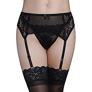 GARGALA Lace Garter Belt Set Sexy Black Sock Suspenders for Women Lingerie Plus Size for Stocking with G-String Thong (M)