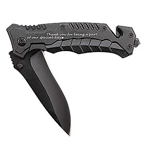Engraved Black Pocket Knife for Groomsmen Best Man Father of the Bride Father of the Groom Groomsmen Gifts for Wedding Camping Knife with Window Glass Breaker and Seatbelt Cutter
