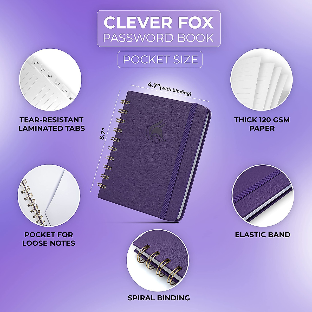 Clever Fox Password Book Spiral – Mini Internet Address & Password Organizer with Laminated Alphabetical Tabs – Small Password Keeper Journal – Hardcover, Pocket Size, 4.7x5.7” (Purple)