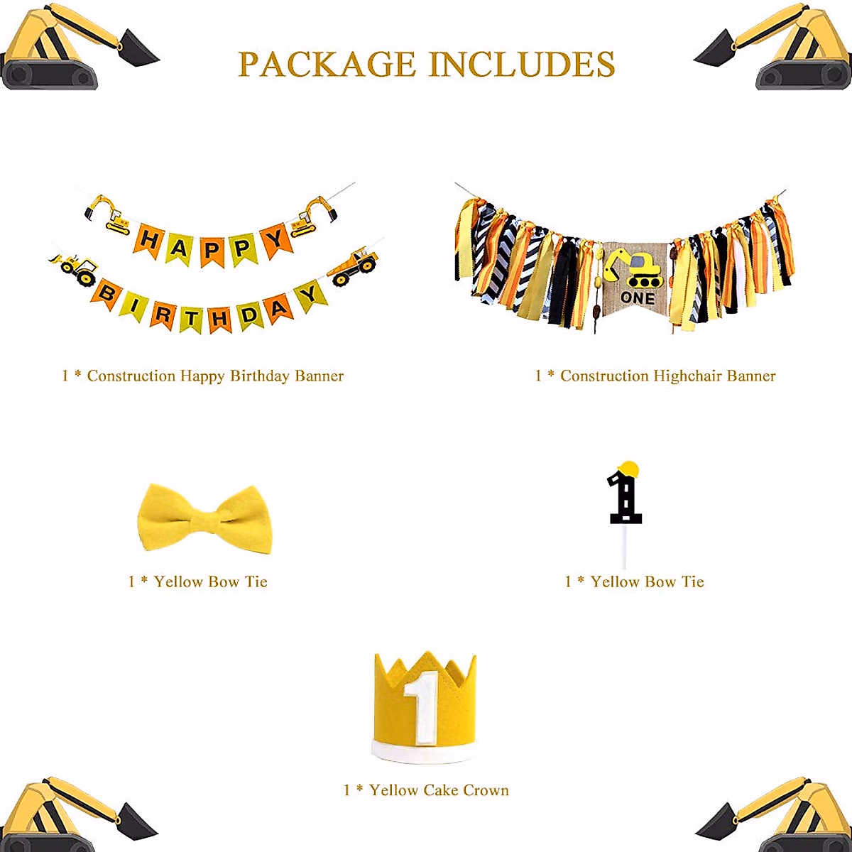 PRATYUS Construction Birthday Party Supplies for Kids, Construction Party Decorations with Banner, Highchair Banner, Yellow Bow Tie Crown Kit, Cake Topper for Boys Girls Bday Party Event Favors