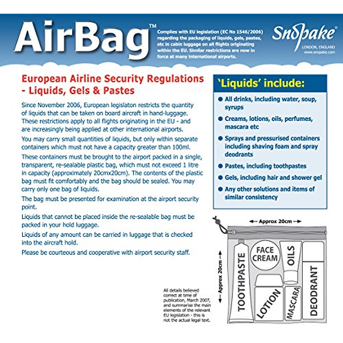 Snopake Airport Bags Clear Plastic Travel For Liquids - TSA Approved - Pack 5
