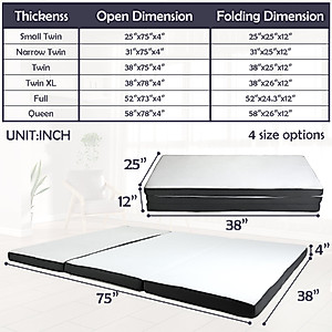 Memory Foam Folding Mattress Full, 4 Inch Trifold Mattress Floor Mattress Foldable with Washable Cover, Portable Mattress for Travel Camping RV(Full)