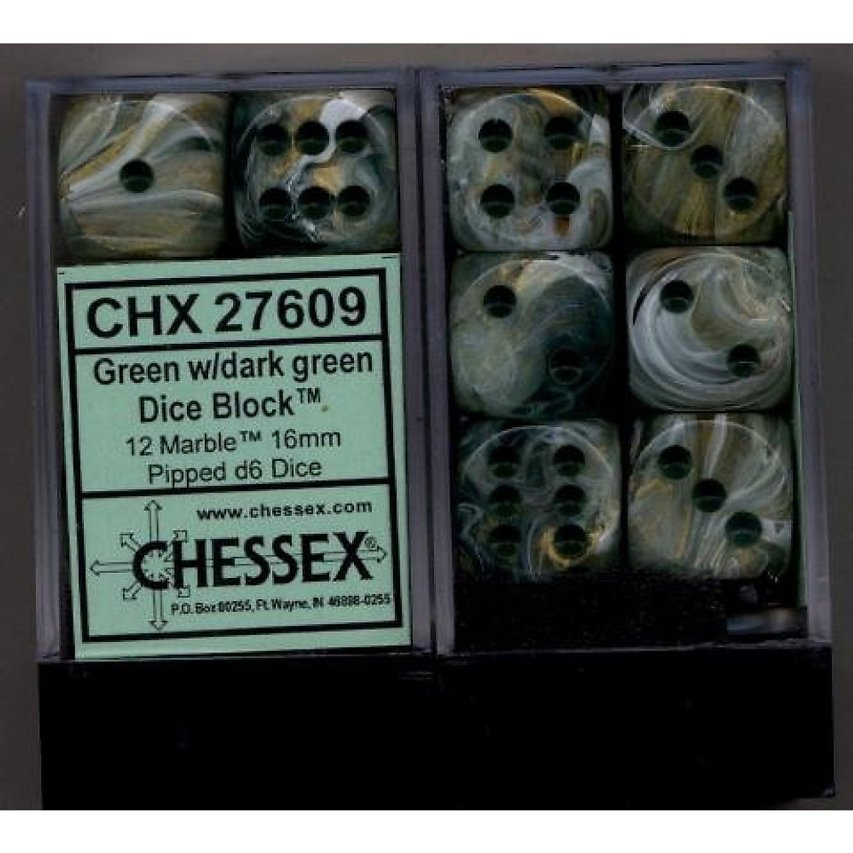 Chessex Dice d6 Sets: Marble Green Swirl with Dark Green Pips - 16mm Six Sided Die (12) Block of Dice