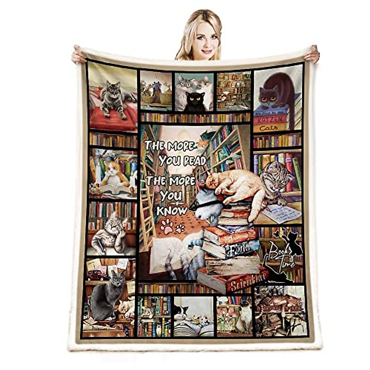 CYREKUD Book Lovers Gifts Throw Blanket,Cat Gifts for Cat Lovers Blanket,Cat Lover Gifts for Women,Gifts for Book Lovers, Soft Cat and Books Blanket for Sofa Couch Beds Decoration Christmas 50x60
