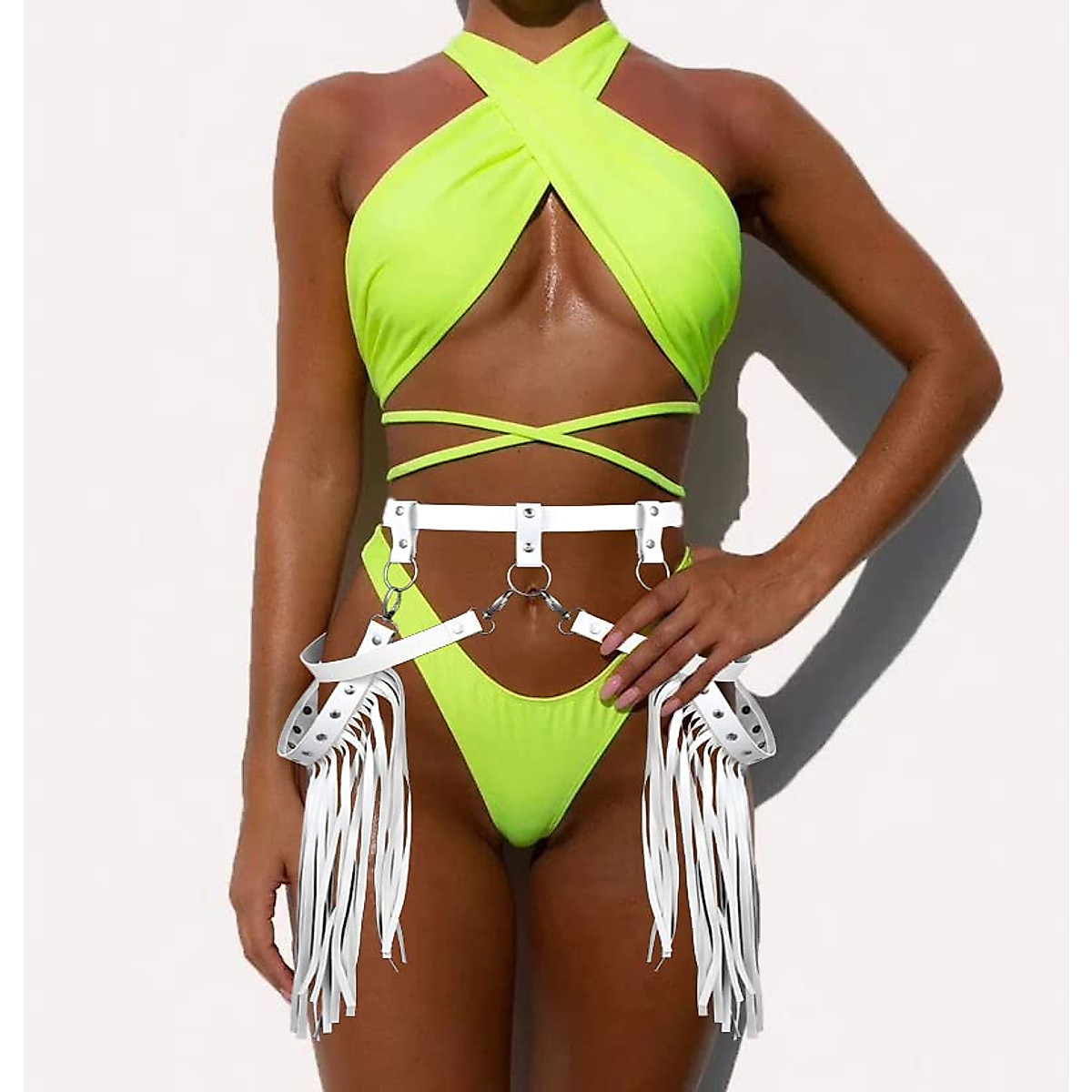 Asooll Punk Leather Waist Chain Tassel Fringe Belly Belt Harness Bikini Rave Body Accessories Jewerly for Women and Girls (White)