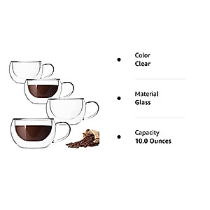 DeeCoo Double Wall Cappuccino Mugs 10oz, Clear Coffee Mug Set of 4 Espresso Cups, Insulated Glass with Handles (Latte Glasses,Tea)