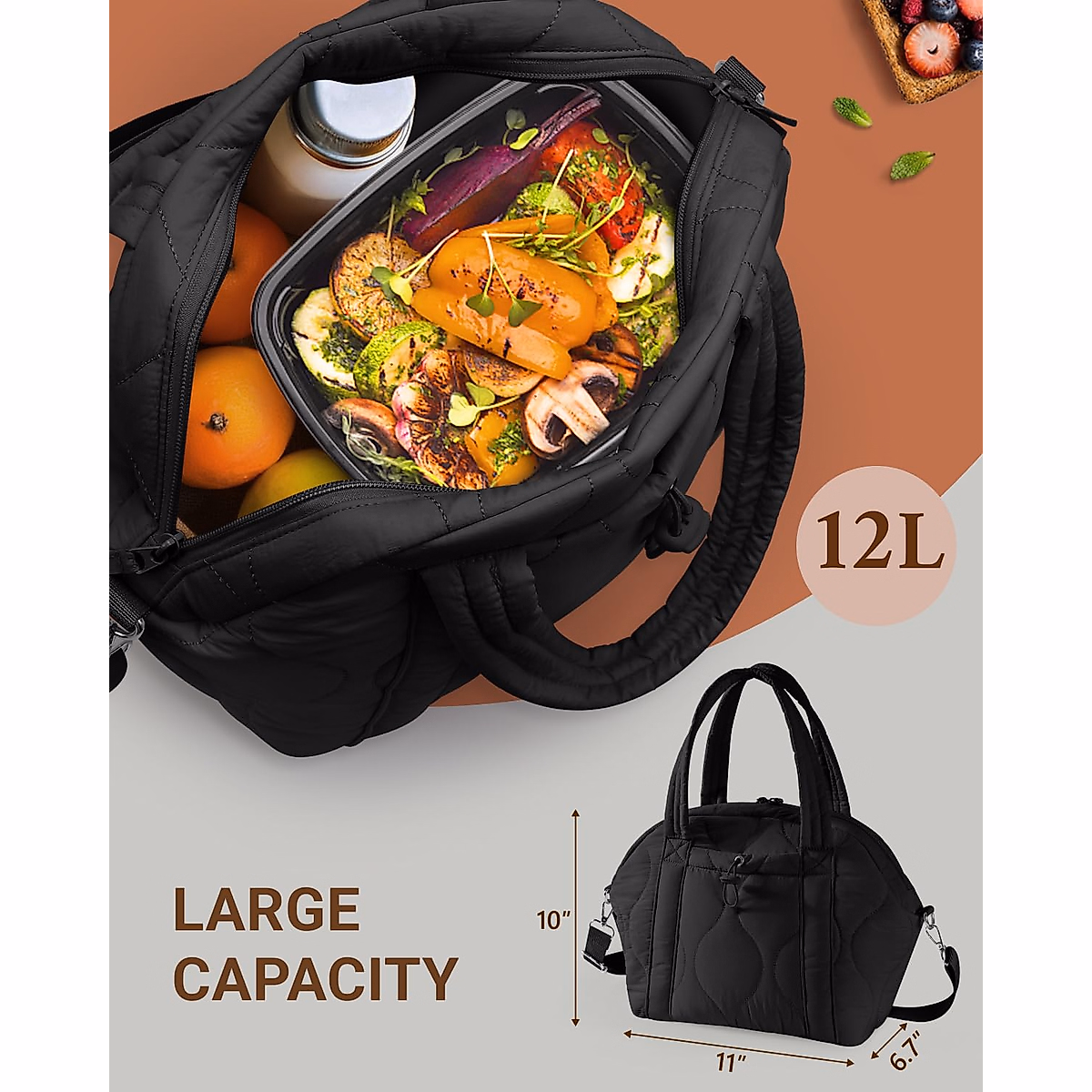 WONDAY Simple Puffer Lunch Bag for Women, Black Adult Lunch Box with Shoulder Strap, Insulated and Leakproof Lunch Tote Keeps Food Fresh, Large Lunch Bag, Perfect for Work, College and picnic