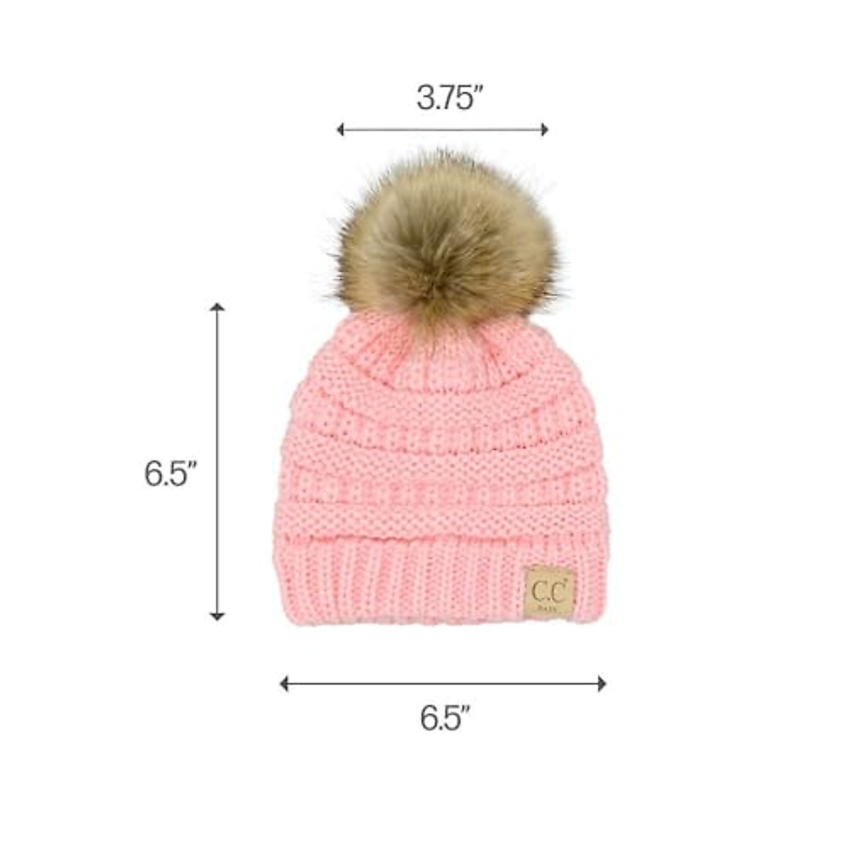 C.C Babies' Winter Cable Knit Beanie and Fuzzy Lined Mitten Set, Faux Fur Pom Pale Pink