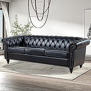 Vaztrlus Chesterfield Sofas for Living Room, Rolled Arm 3-Seater Leather 84" Large Couch Deep Button Nailhead Tufted Black Upholstered Couches for Bedroom, Office Apartment Easy to Assemble