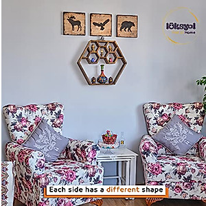 Luksyol Floating Wall Shelves Unique Design Bedroom Shelves, Honeycomb, Hexagon Shelf Wall Mounted, Kitchen Wall Shelves Handmade Wall Shelf for Bedroom from Natural Wood with 3 Cactus Pots