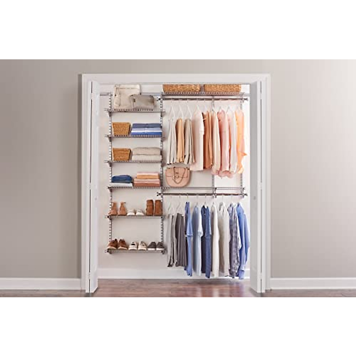 Rubbermaid Configurations Deluxe Custom Closet Kit, 3-6 Ft. Adjustable Metal Wire Shelving, Titanium Finish, Expandable Organization System, Hardware Included, for Home Closet/Pantry/Laundry/Mudroom