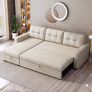Acosure 81.5" L-Shape Pull Out Couch with Reversible Storage Chaise,Sleeper Sectional Sofa with Pullout Bed and 3 Removable Back Cushions,for Living Room,Office,Beige
