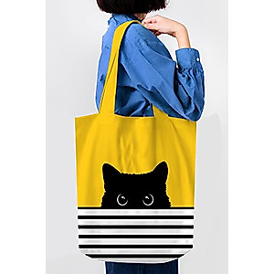 Cute Canvas Tote Bag for Women with Cat Design - Birthday Valentines Day Gift - Aesthetic Book Tote for Teacher School Kids - Hello Kitty Tote Bag - Large Reusable for Shopping Grocery (Yellow Cat)