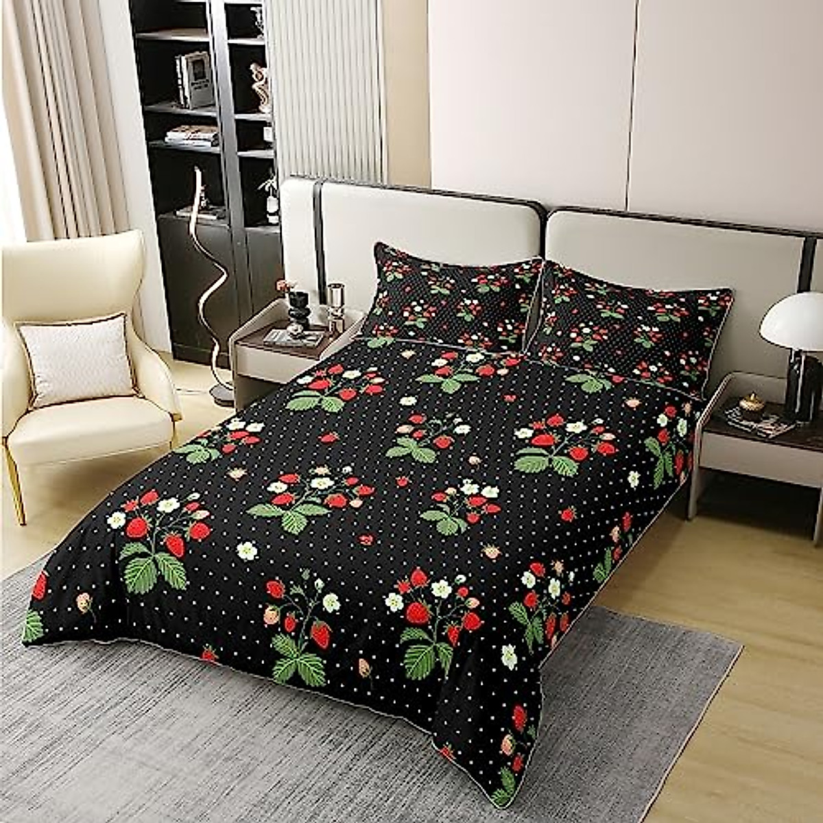 Castle Fairy 100% Cotton Red Strawberry Duvet Cover Queen Sweet Fruits Bedding Set for Boys Girls Bedroom Rustic Flowers Plant Comforter Cover White Dots Simple Style Soft Breathable Quilt Cover
