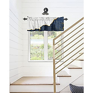 Window Curtain Valances for Kitchen Windows,Natural Marble Abstract Texture Rod Pocket Short Window Valance White Navy Blue Stone with Gold Line Cafe Treatment Valance for Living Room/Bedroom,54x18in