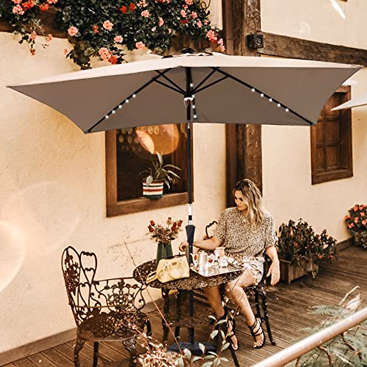 FLAME&SHADE 6.5 x 10 ft Rectangular Solar Powered Outdoor Market Patio Table Umbrella with LED Lights and Tilt, Taupe