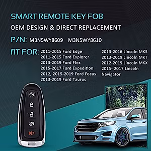 HelloAuto Key Fob for Ford Explorer Edge 2011-2015 Flex Taurus 2013-2019 Expedition Focus Lincoln MKS MKX MKT Navigator Smart Remote Keyless Entry Self-Programming Key FCC ID: M3N5WY8609