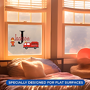 CRYPTONITE Personalized Name & Initial Firetruck Wall Decals for Kids Rooms I Baby Boy Nursery Decor I Toddler Boy Room Decor Firetruck I Firetruck Birthday Decorations (Wide 30"x 19" Height)
