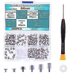 Zmbroll 200Pcs M.2 SSD Mounting Screws Silver Laptop Screws m.2 Standoff and Screw M2 Motherboard Standoffs Notebook Computer Screw Set with Screwdriver for Asus Gigabyte MSI Motherboards