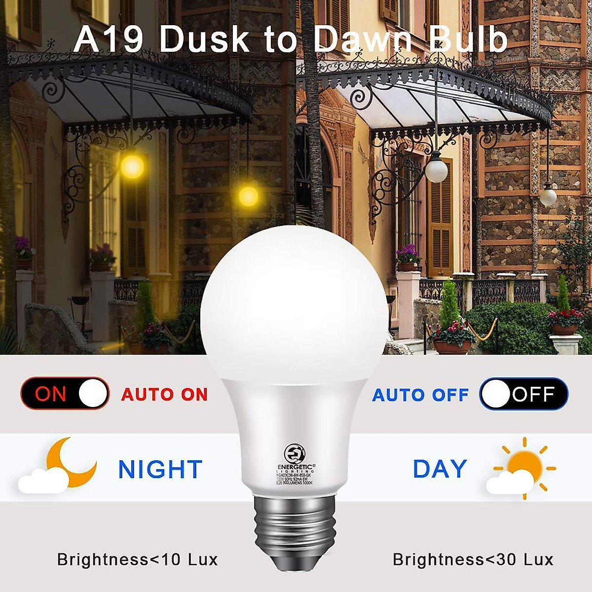 Energetic 4-Pack Dusk to Dawn LED Outdoor Light Bulb, 60 Watt Equivalent(6W), 800LM, Warm White 3000K, E26 Base, Automatic On/Off Sensor Light Bulb for Porch, Hallway, Garage, UL Listed