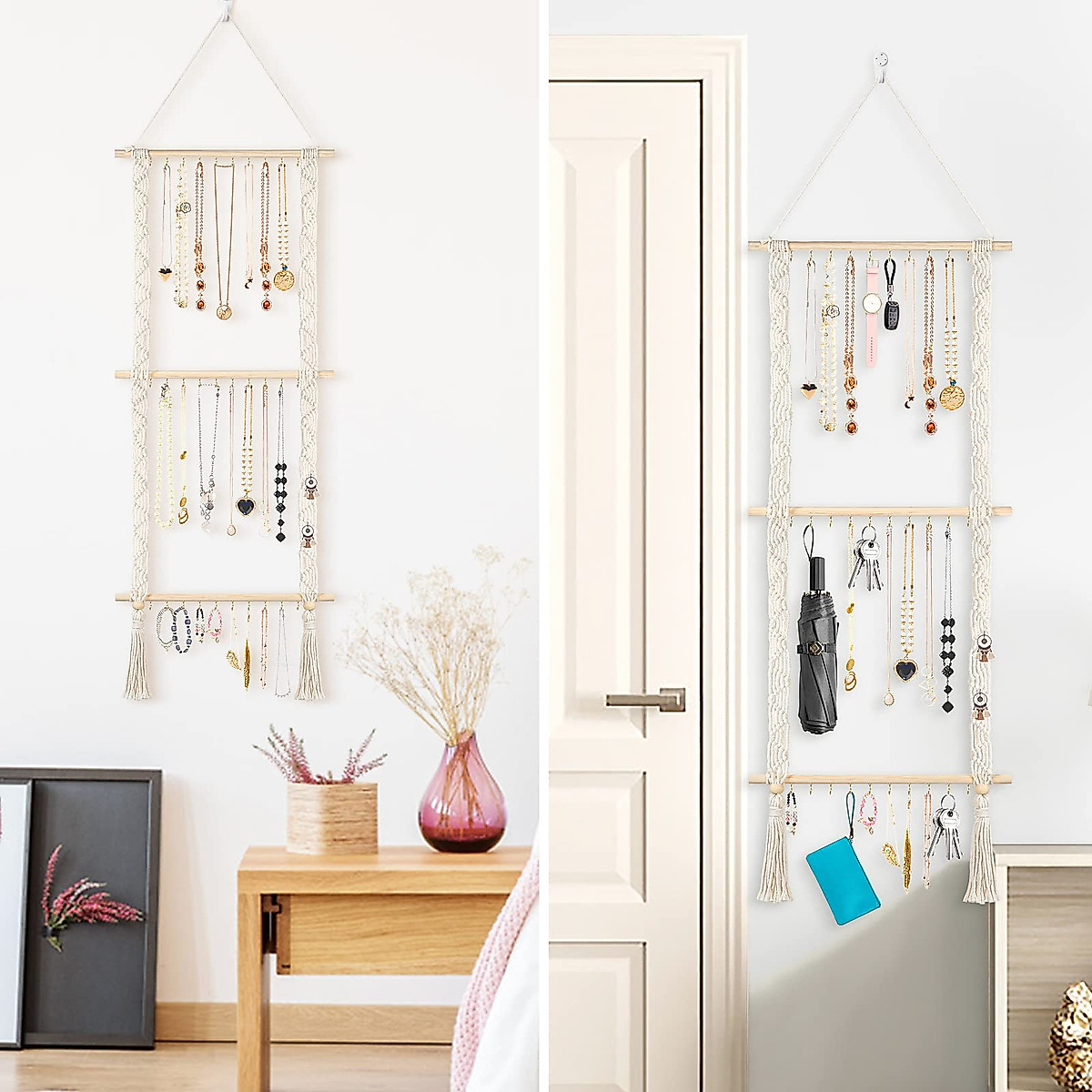 Grathia Hanging Jewelry Organizer Macrame Necklace Holder with 30 Hooks, Wall Mounted Necklace Rack, Necklace Hanger with Tassel for Necklaces Bracelet Earrings (Beige)