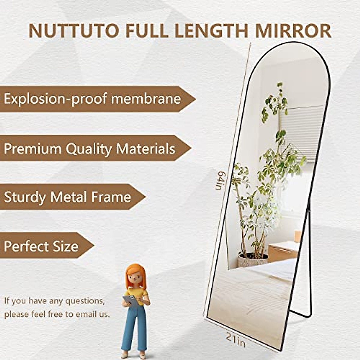 NUTTUTO 64"×21" Arched Floor Full Length Mirror with Black Aluminum Alloy Frame, Full Length Body Mirror Free-Standing or Leaning Against Wall for Bedroom Living Room