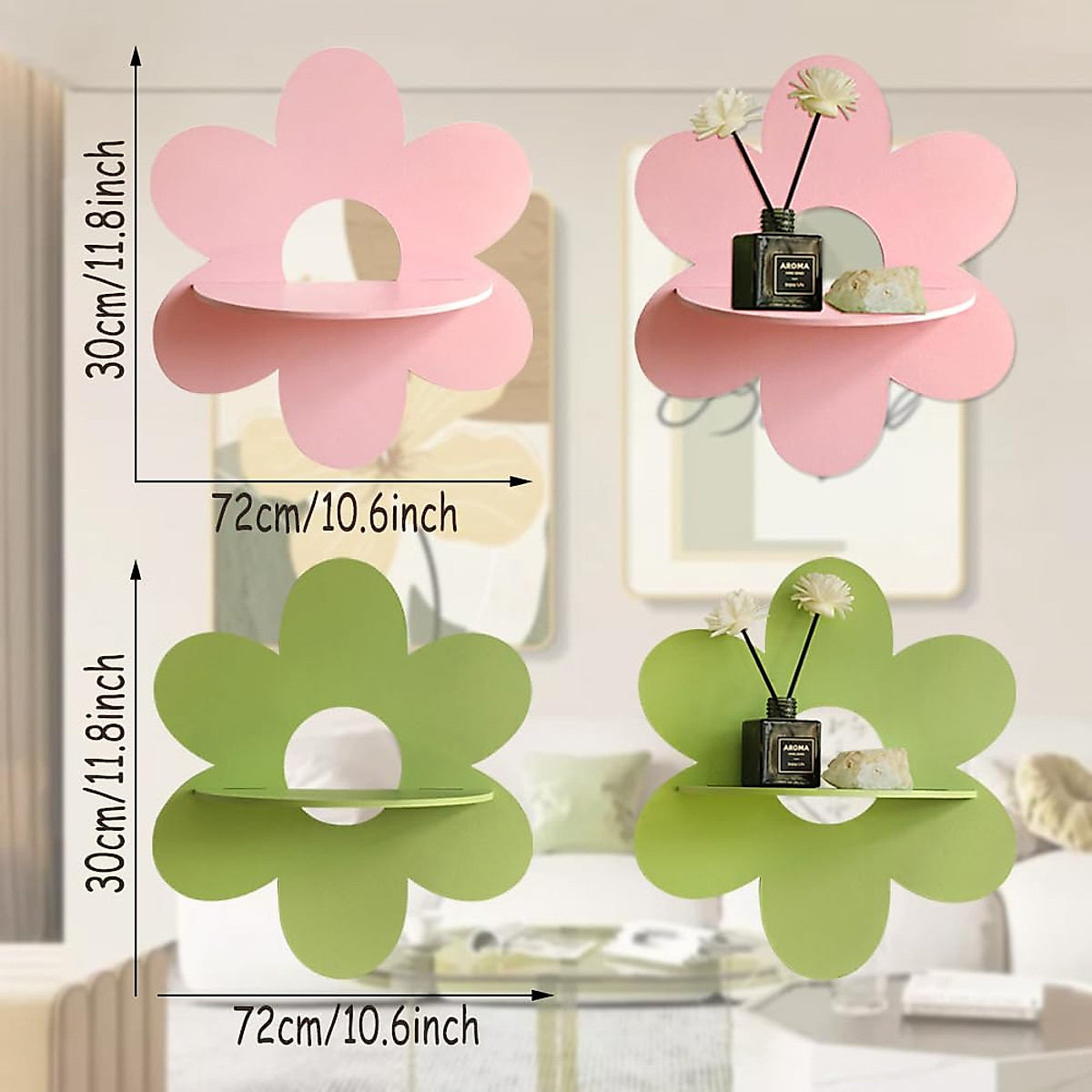 JruiZhp Daisy Flower Floating Shelf Boho Daisy Wall Shelves, 1Pcs 10.6 Inch Large Kawaii Cute Wood Wall Decor Display Shelf for Baby Nursery Living Room Bathroom Bedroom (Pink)