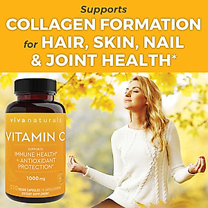 Viva Naturals Vitamin C 1000mg - Non-GMO Vitamin C Supplements with Citrus Bioflavonoids & Rose HIPS for Immune Support & Antioxidant Protection, 250 Vegetarian Capsules