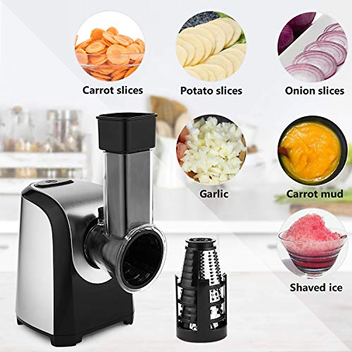 Homdox Electric Cheese Grater 5 in 1 Professional Electric Shredder Vegetable silcer 150W One-Touch Control Salad Maker for Cheese, Chocolate, Fruits, Vegetables
