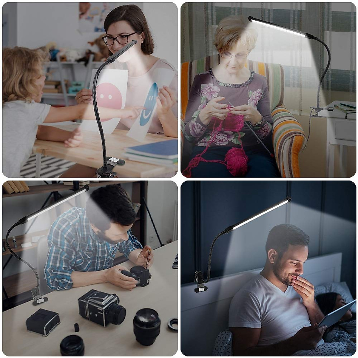 Qooltek Flexible Clip Desk Lamp Reading Light with 3 Color & 10 Brightness, Auto-Off & Memory Function, Clip on Light for Piano, Reading, Working, Relaxing Black