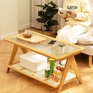 CUPKEE Bamboo Solid Wood End Table, Glass Table End Tables, Double Layer Large Capacity Sofa Side Cabinet with Storage for Living Room, Balcony, Bedroom