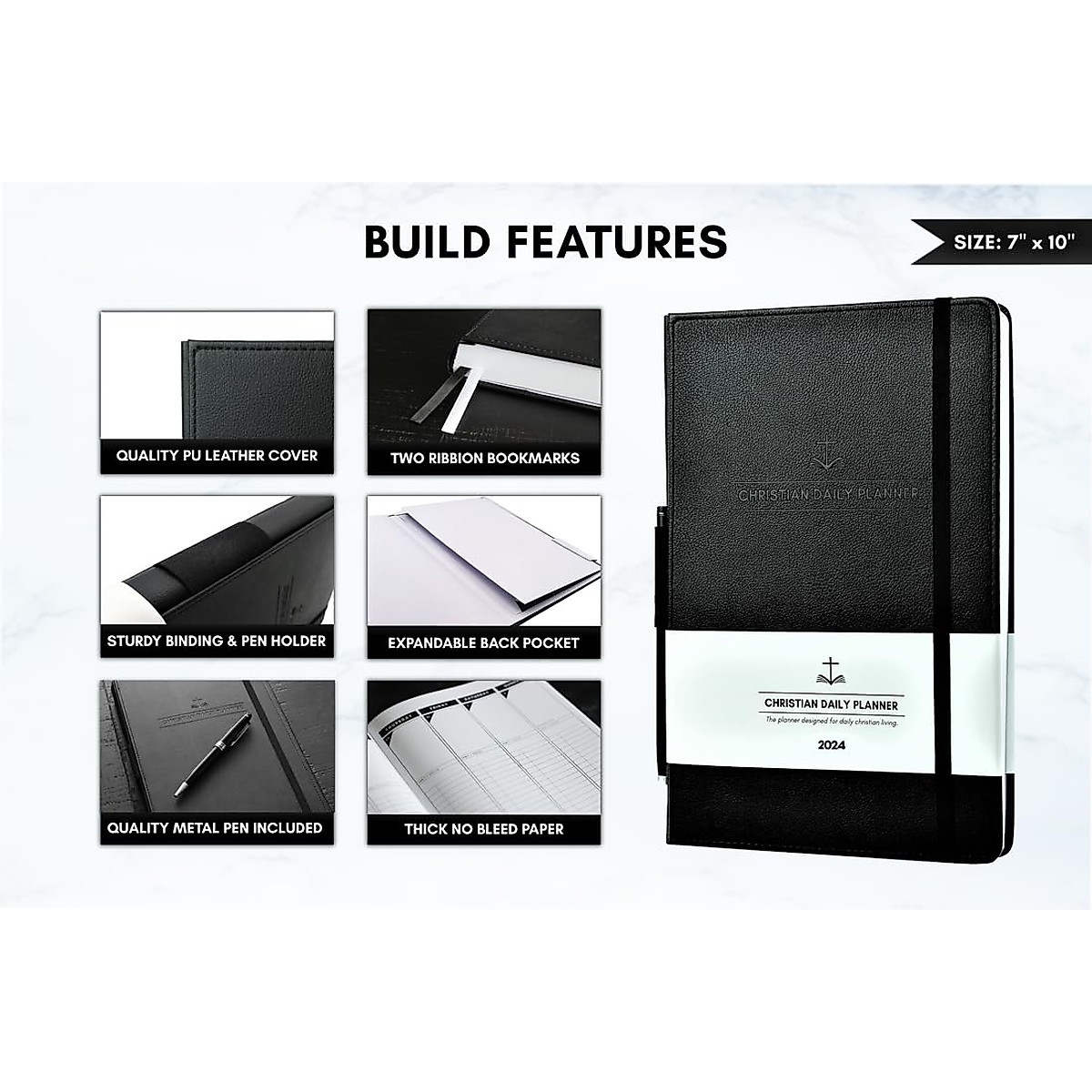 2024 Christian Daily Planner Black 7" x 10" Monthly and Weekly Planner, Journal & Church Companion w/ Metal Pen, No Bleed Paper, Scripture & More!
