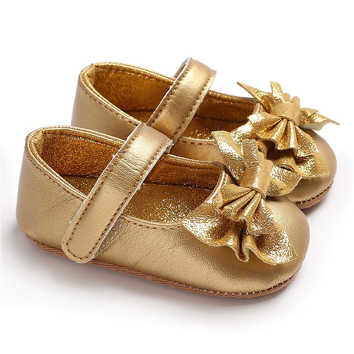 BENHERO Infant Baby Girls Mary Jane Flats Shoes with Bowknot Non Slip Soft Sole PU Leather First Walker Cirb Shoes Toddler Princess Wedding Dress Shoes(0-6 Months Infant),A-Gold
