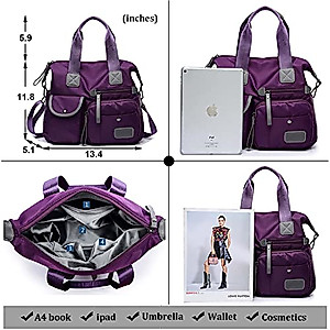 Women Lightweight Nylon Tote Bag Multiple Pockets Top Handle Handbag Ladies Purse Work Totes Travel Crossbody Shoulder Bag (Purple)