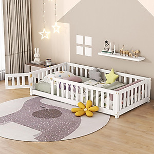 Bellemave Twin Size Floor Bed for Kids, Wood Montessori Bed with Slats, Safety Fence & Door, Playhouse Floor Bed Frame with Rails for Girls Boys Children Teens, White
